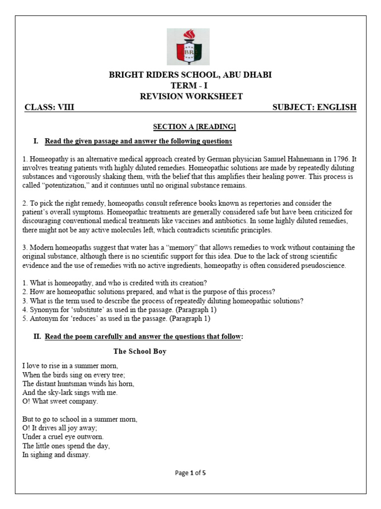 Gd8 Term 1 Revision Worksheet | PDF | Homeopathy