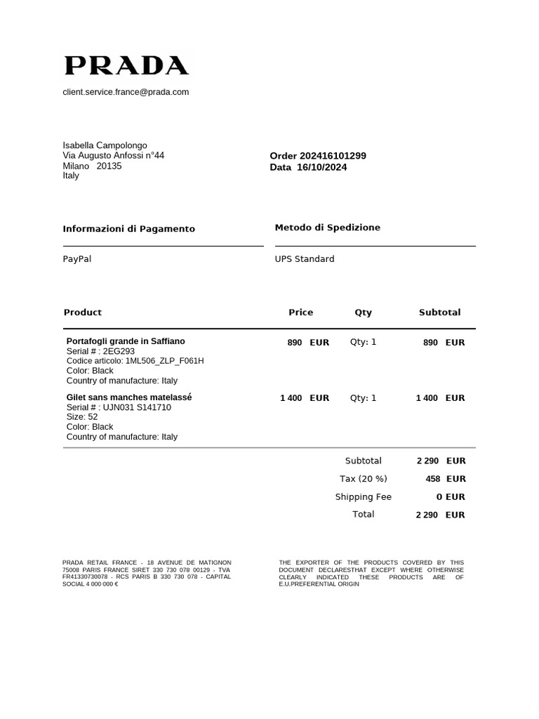Prada Order Confirmation 202416101299 | PDF