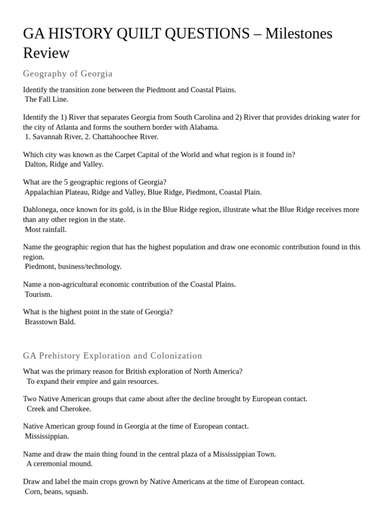 GA HISTORY QUESTIONS - Milestones Review | PDF | Georgia (U.S. State ...