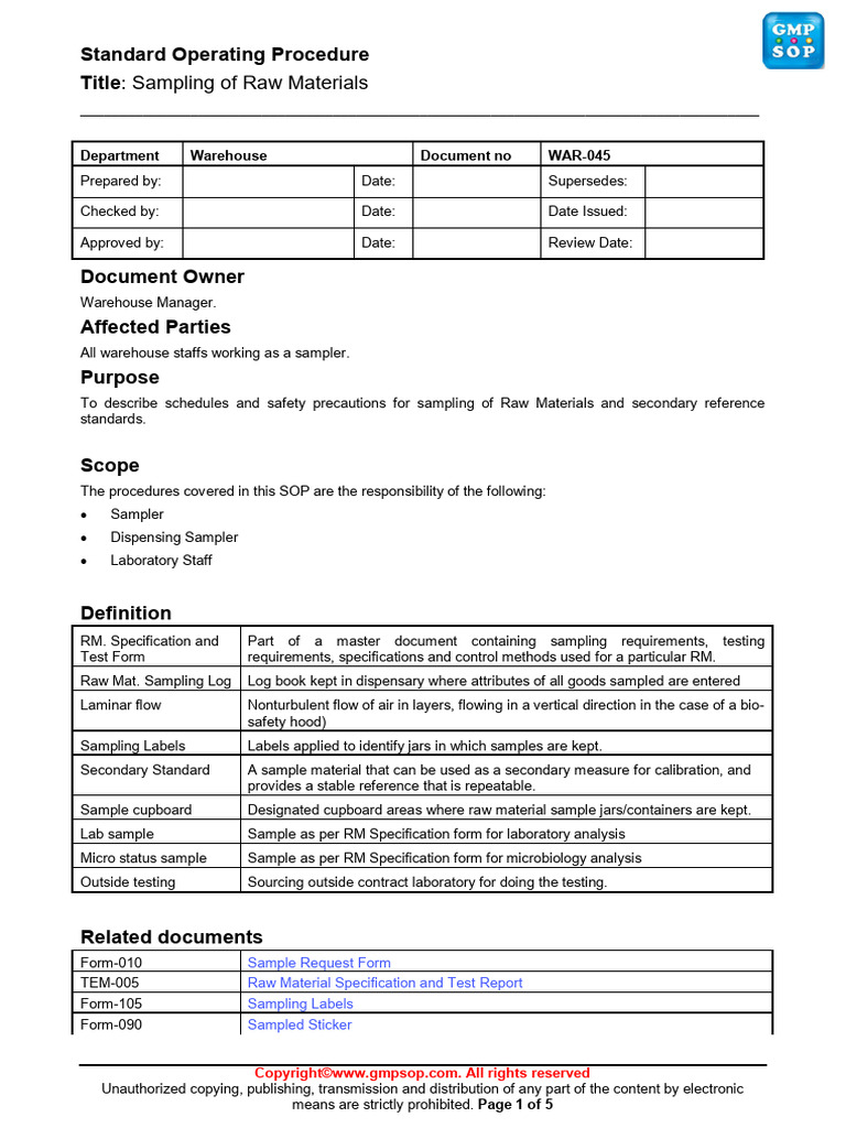 Raw Materials Sampling SOP | PDF