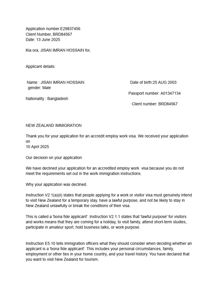 New Zealand Work Visa Refusal Notice | PDF
