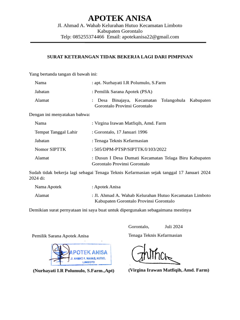 Surat Keterangan Tidak Bekerja Lagi Dari Pimpinan TTK | PDF