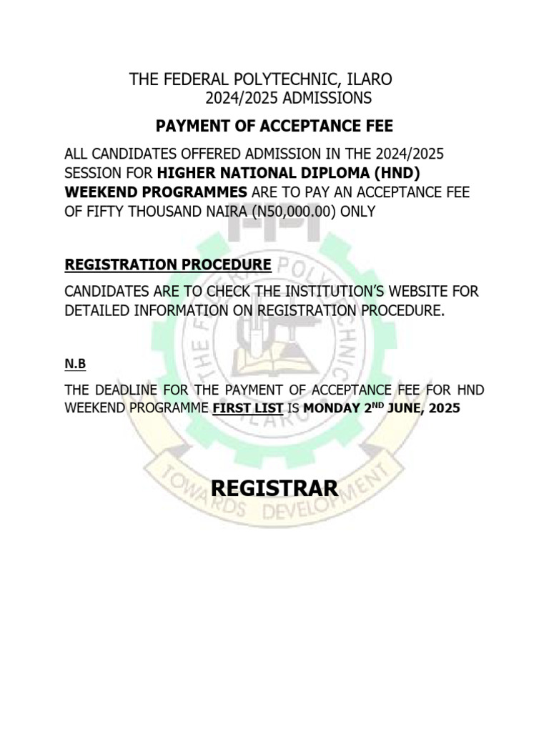 2024-2025 HND Weekend Admission First List - 1747835544 | PDF | Receipt | Higher Education