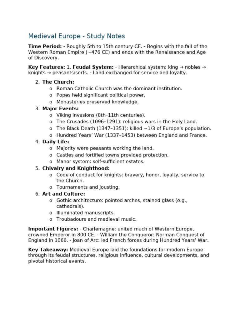 Medieval Europe Notes | PDF