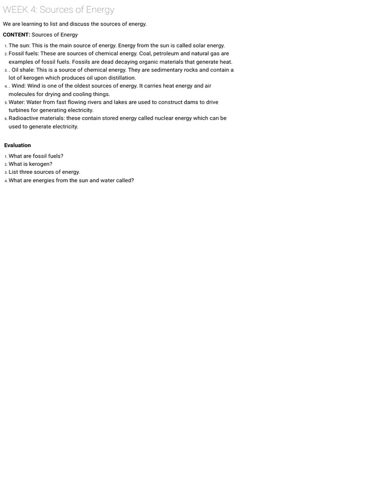 WEEK 4 - Sources of Energy - YEAR 4 SCIENCE 2023 - 2024 | PDF