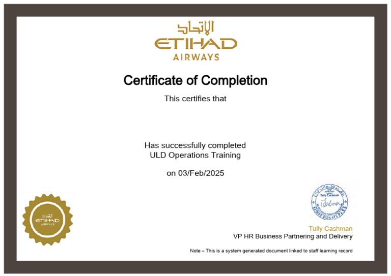 ULD Operations Training Completion Certificate | PDF