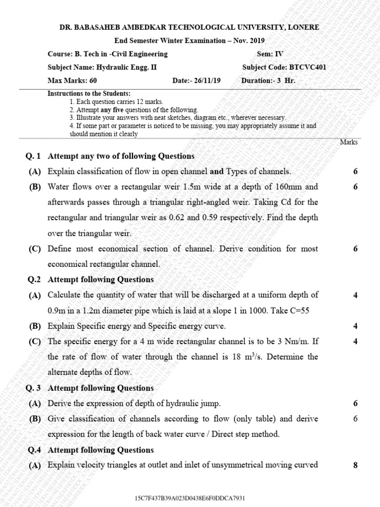 Btech Civil 4 Sem Hydraulic Engg 2 btcvc401 Nov 2019 | PDF