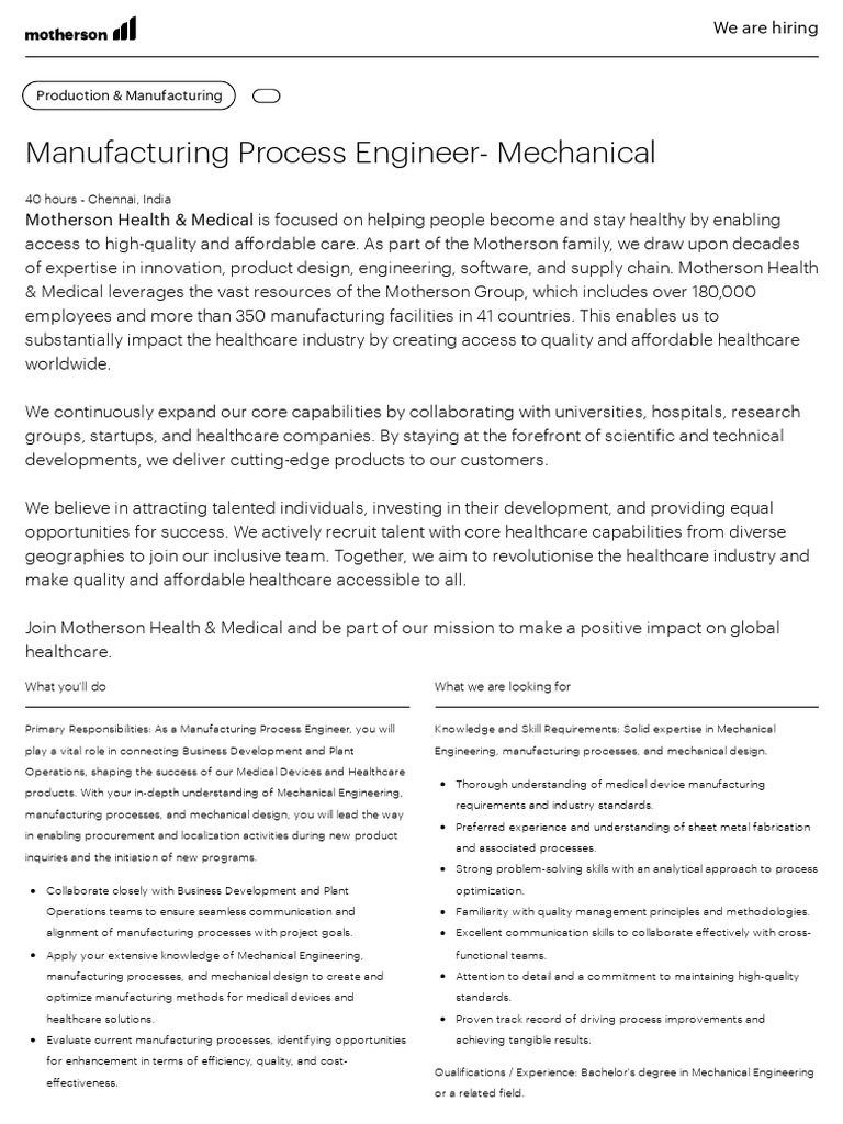 Manufacturing Process Engineer - Mechanical | PDF | Health Care | Engineering