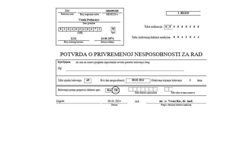 2024-01-08 Potvrda o Privremenoj Nesposobnosti Za Rad Petlinskyi Vitalii | PDF