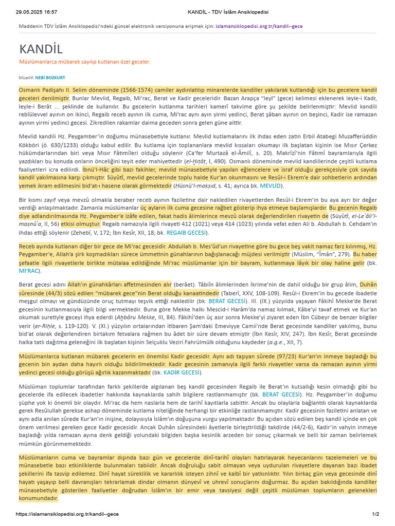 KANDİL - TDV İslâm Ansiklopedisi | PDF