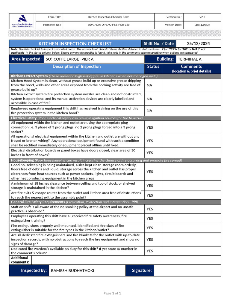 Ada Adia Ops Ao Fss For 120 Kitchen Inspection Form | PDF | Fire Safety ...
