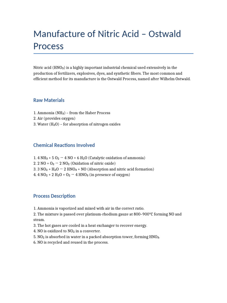Nitric Acid Manufacturing: Ostwald Process | PDF