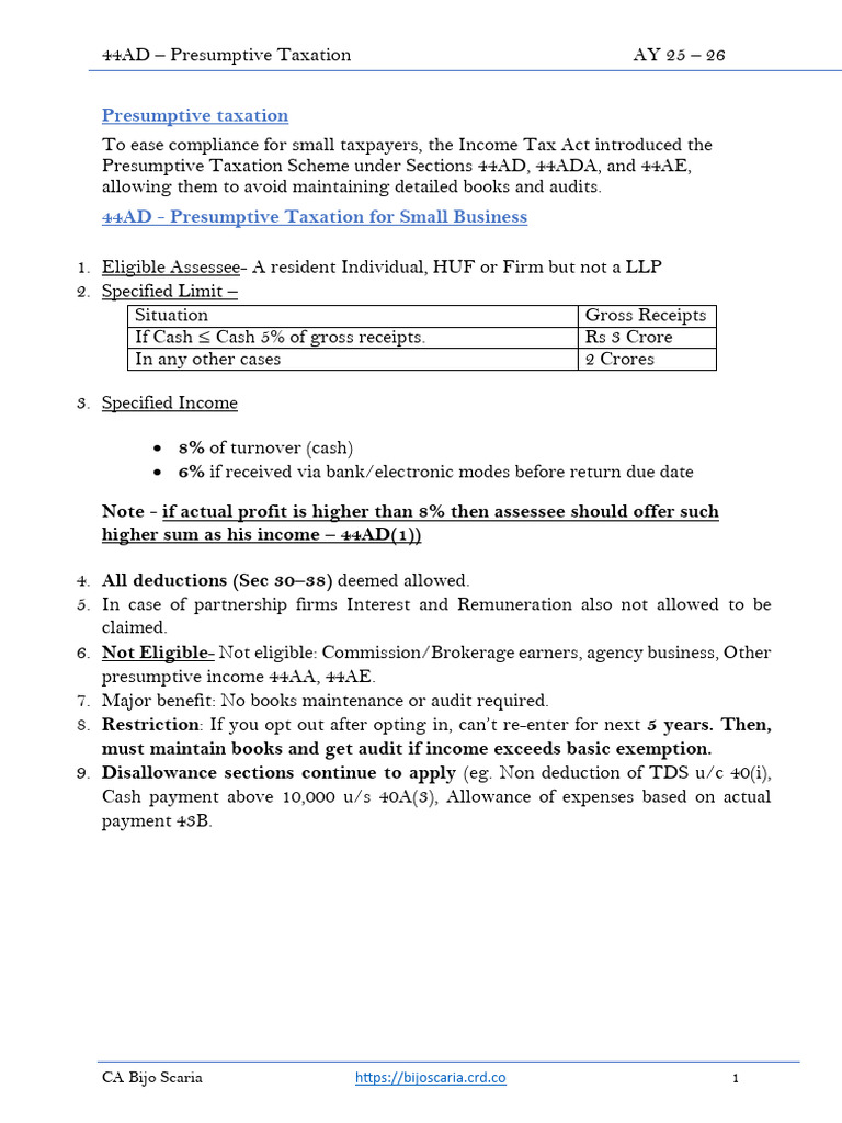 44AD Presumptive Taxation Overview | PDF