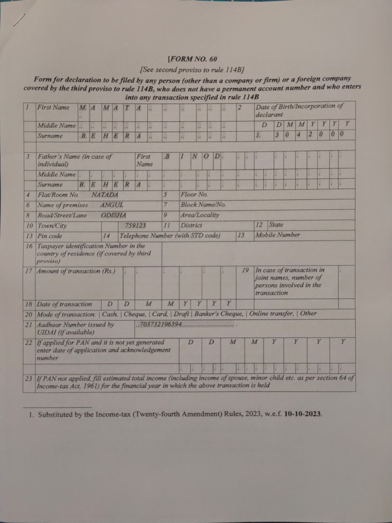 Form No. - 60 With Signature | PDF