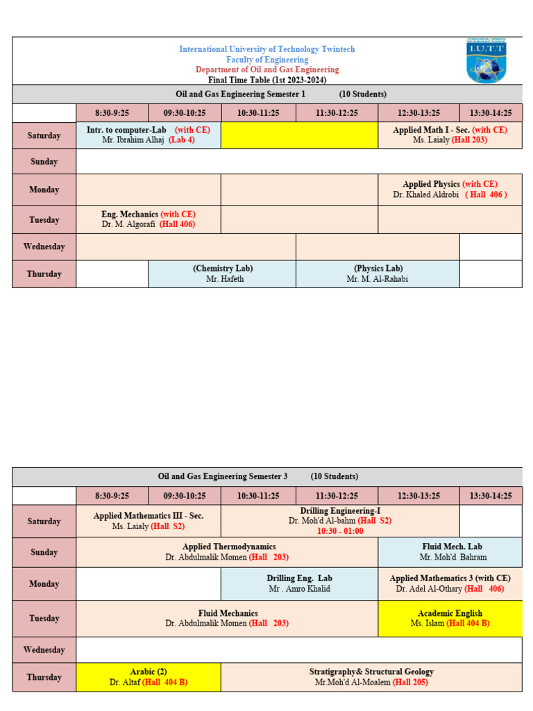 OGE Timetable 2023-2024 (1) - 1 | PDF | Petroleum Reservoir | Petroleum