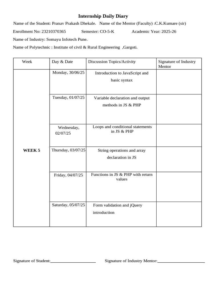 Internship Diary: JavaScript Learning | PDF