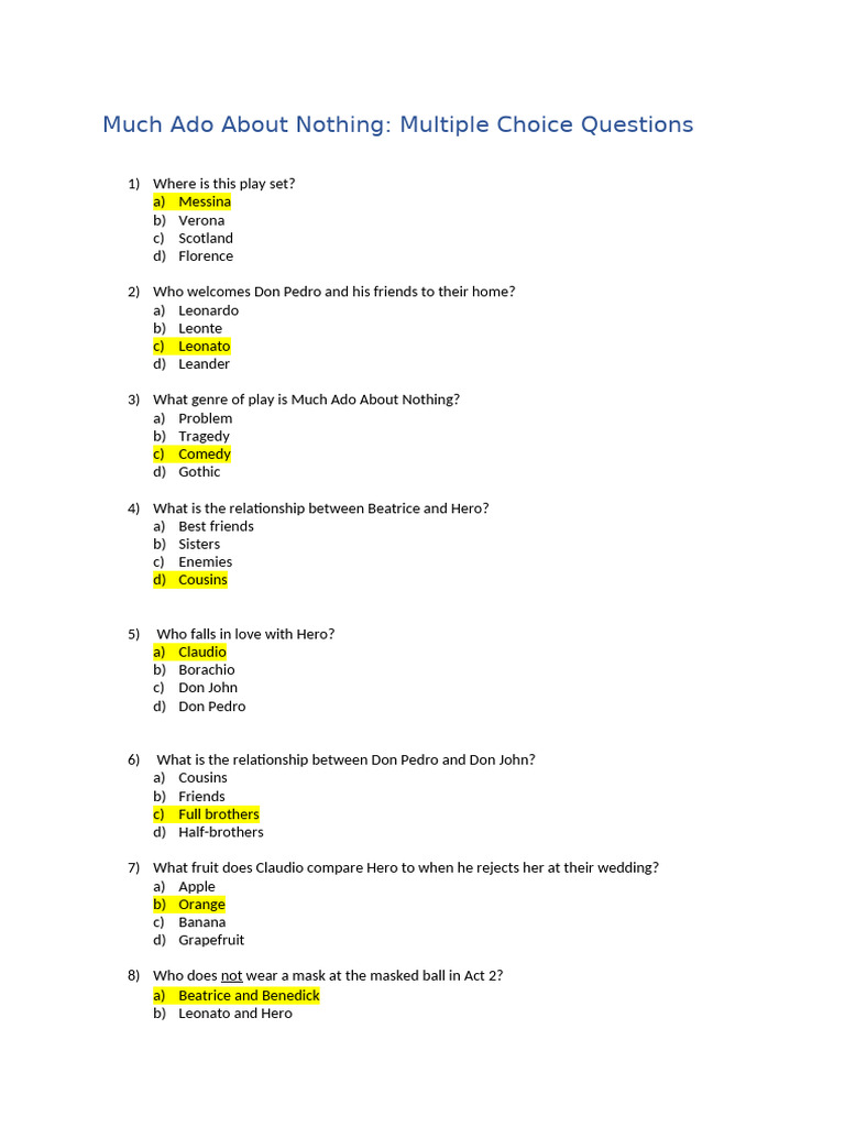 Much Ado About Nothing MCQs | PDF | Much Ado About Nothing ...