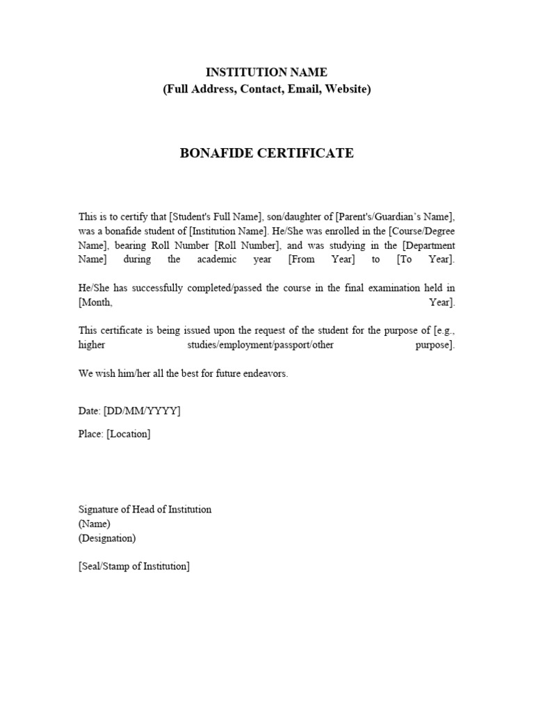 Bonafide Certificate Template for Students | PDF