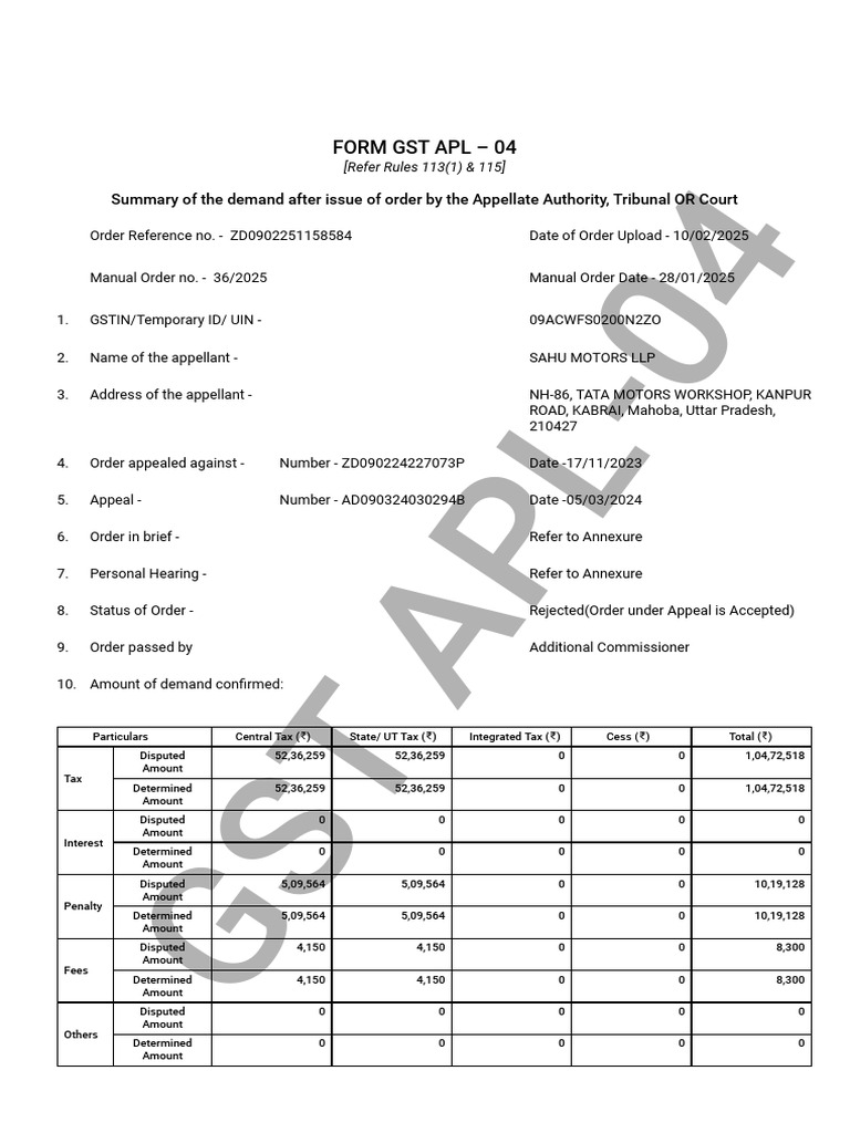GST APL-04 Appeal Summary for Sahu Motors | PDF | Chess Openings | Chess