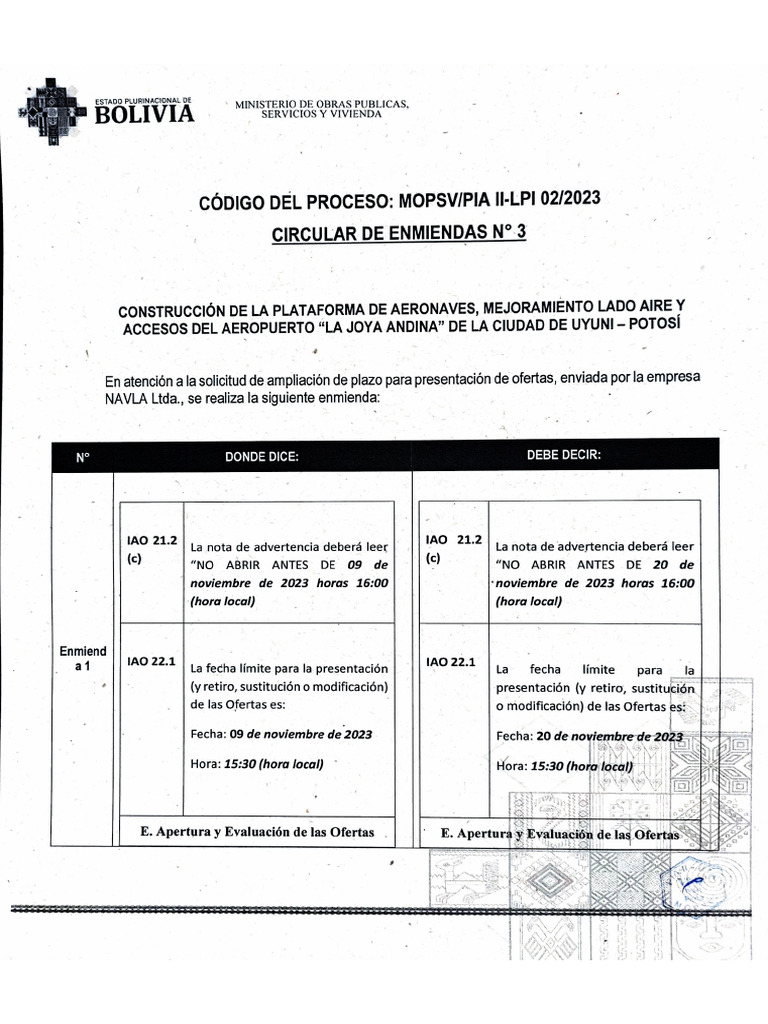 Circular de Enmiendas #3 Aeropuert Uyuni | PDF