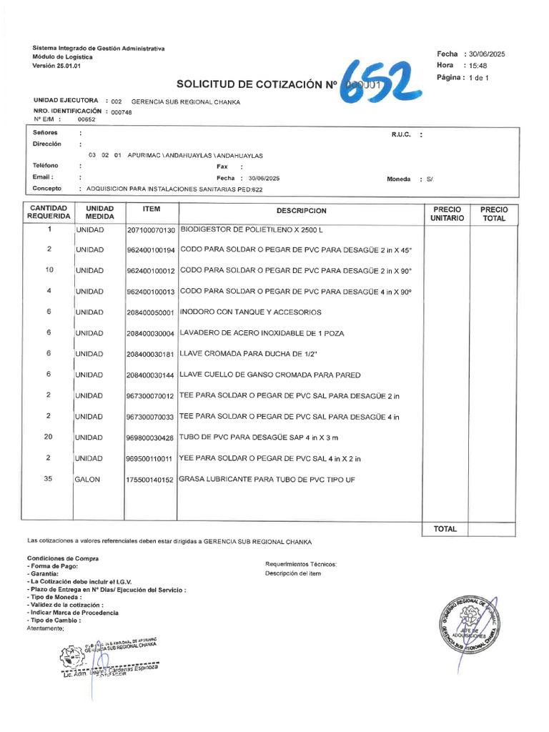 Cot #652-2025 - Mat de Instalaciones Sanitarias - Ped 622 | PDF