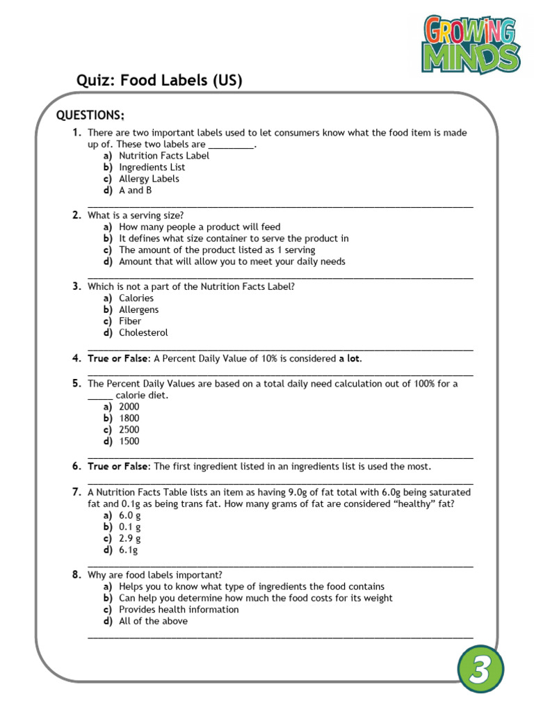 Quiz Food Labels US Level 3 | PDF