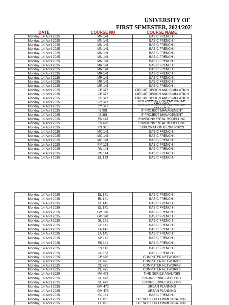 Final Examination Timetable Semester One 2024-2025 Academic Year | PDF | Mathematics ...