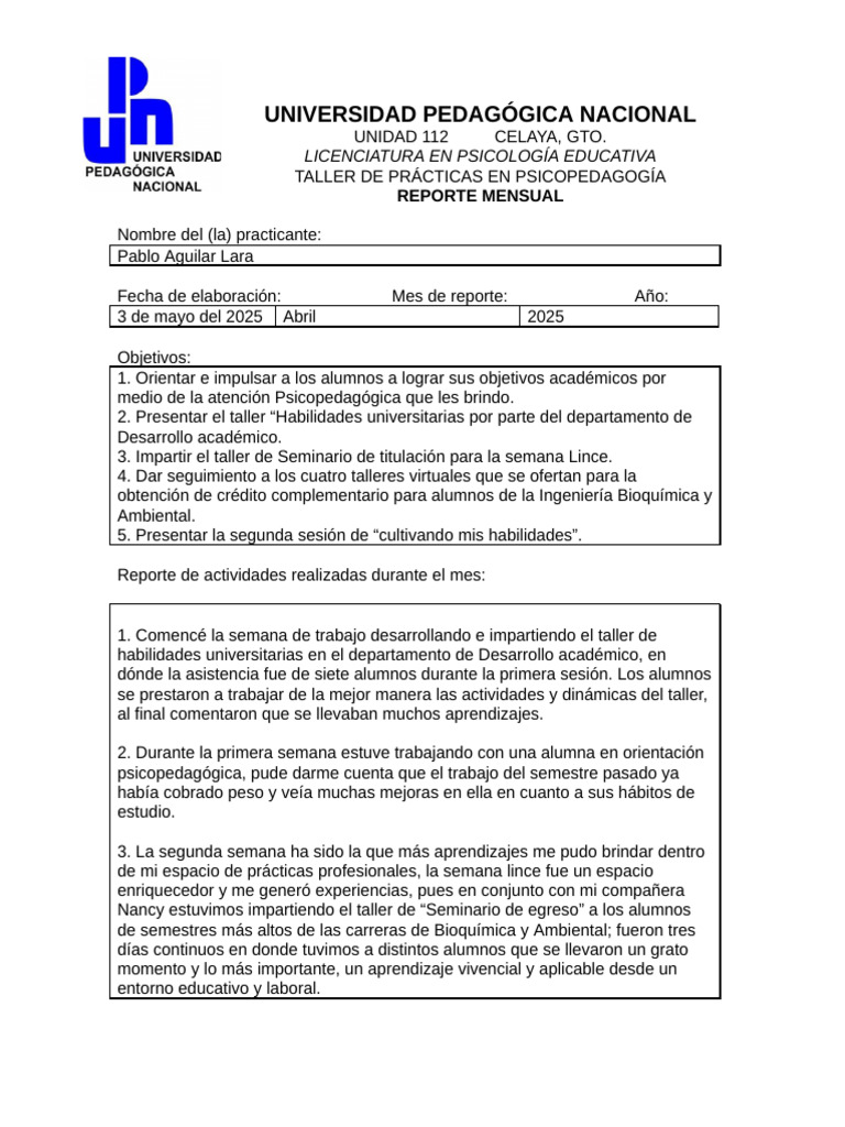 Reporte Mensual Abril | PDF | Modificación de comportamiento | Aprendizaje
