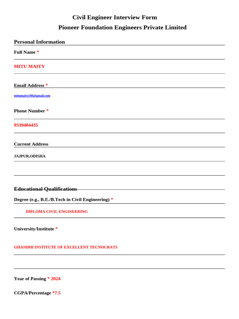 Civil Engineer Appointment Form - Pioneer Foundation Enginee | PDF