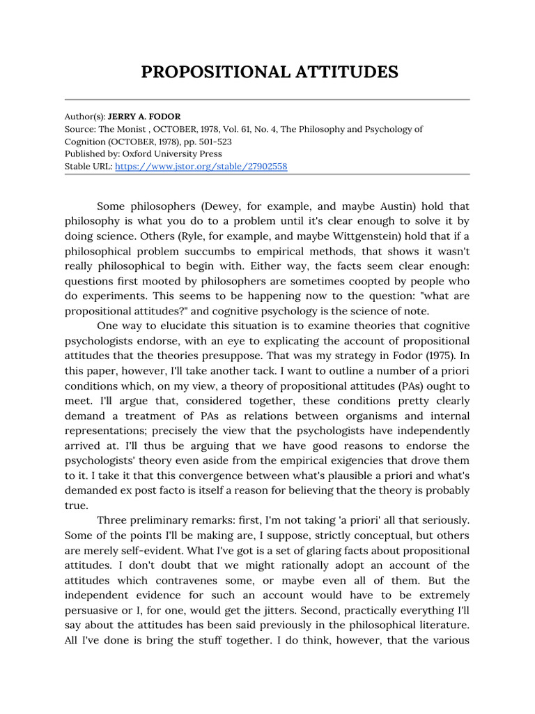 PROPOSITIONAL ATTITUDES by Jerry Foder | PDF | Truth | Theory