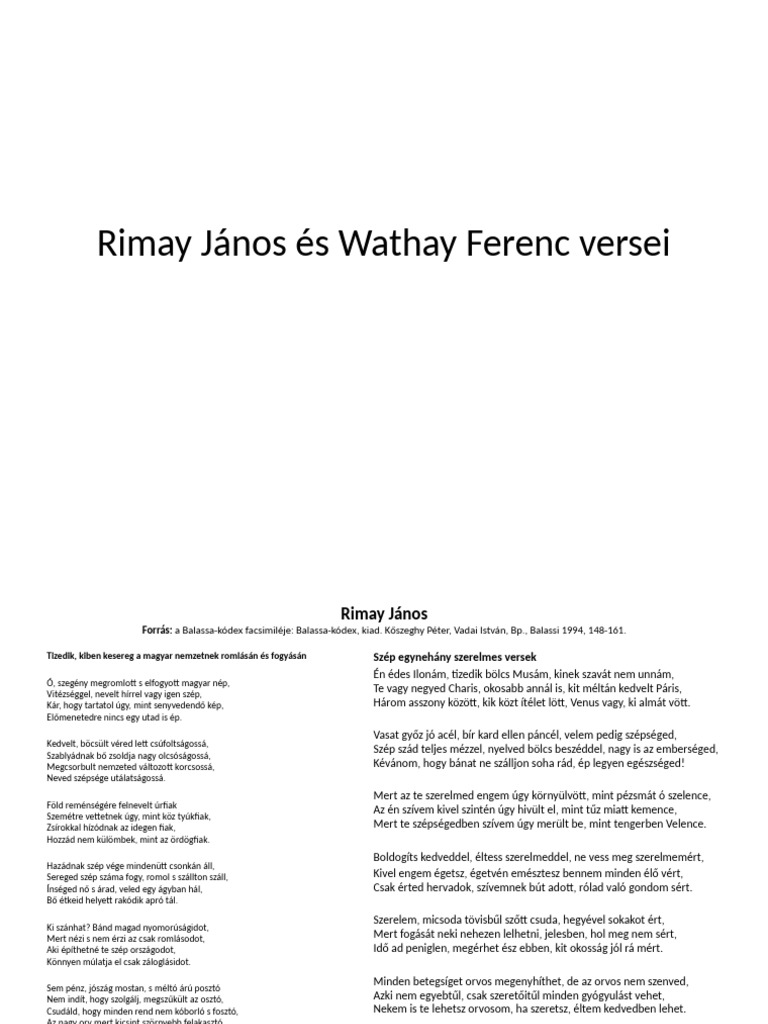 Rimay János És Wathay Ferenc Versei | PDF