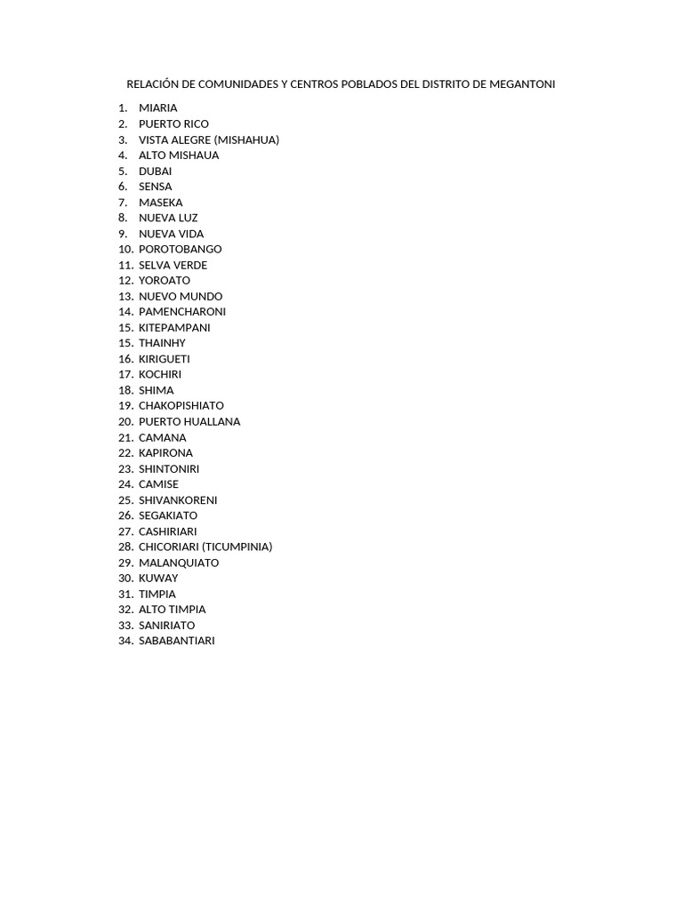 Relación de Comunidades y Centros Poblados Del Distrito de Megantoni | PDF