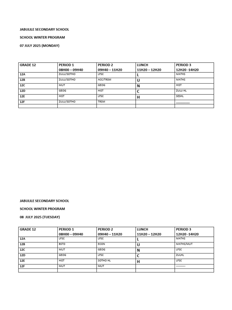 Jabulile Secondary School Winter Program | PDF