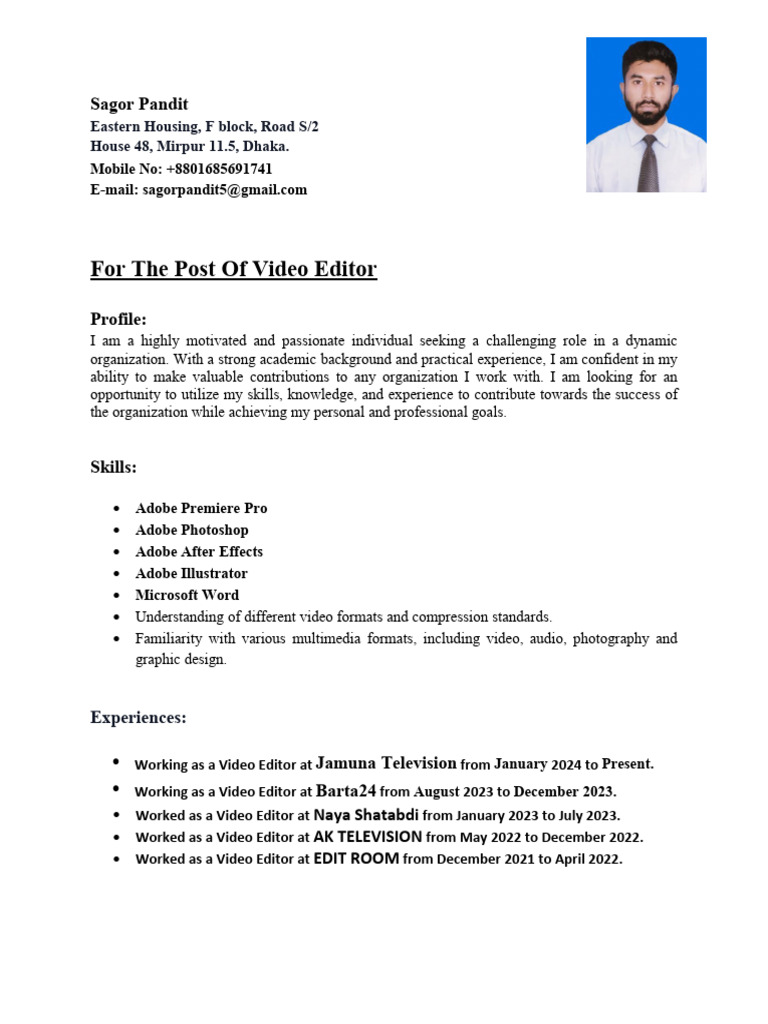 For The Post of Video Editor: Sagor Pandit | PDF
