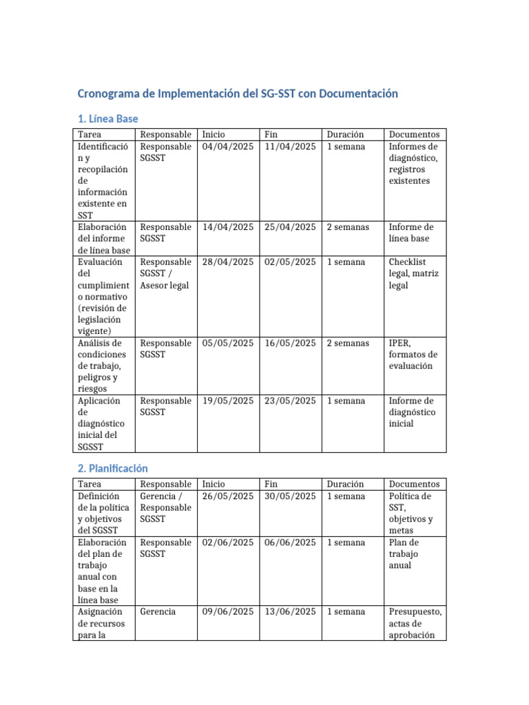 Cronograma Implementacion SG-SST Con Documentos | PDF