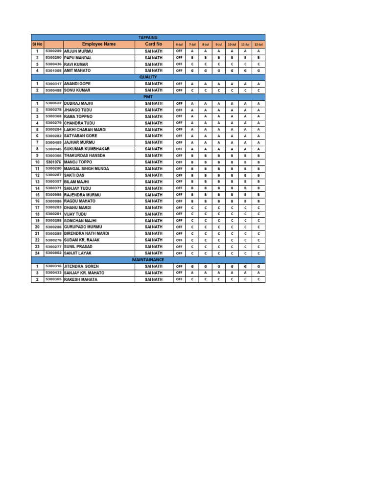 Shift Chart From 06.07.2025 To 12.07.2025 | PDF