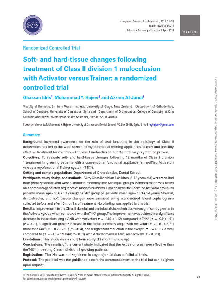 Soft-And Hard-Tissue Changes Following Treatment of Class II Division 1 ...