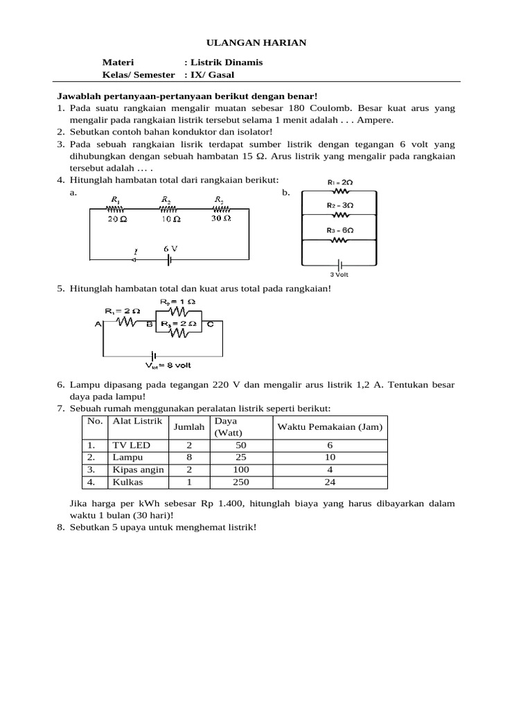 UH Listrik Dinamis Kelas 9 Gasal | PDF