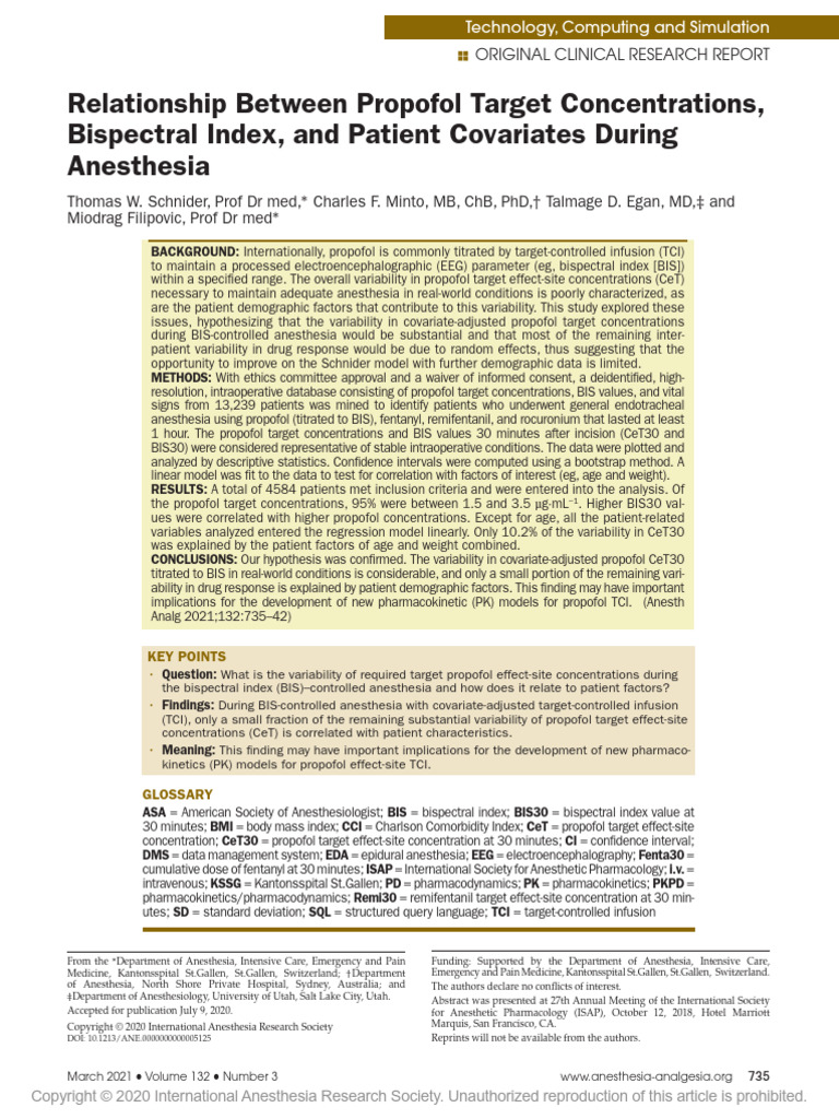 Propofol Concentrations and BIS Variability | PDF | Anesthesia ...