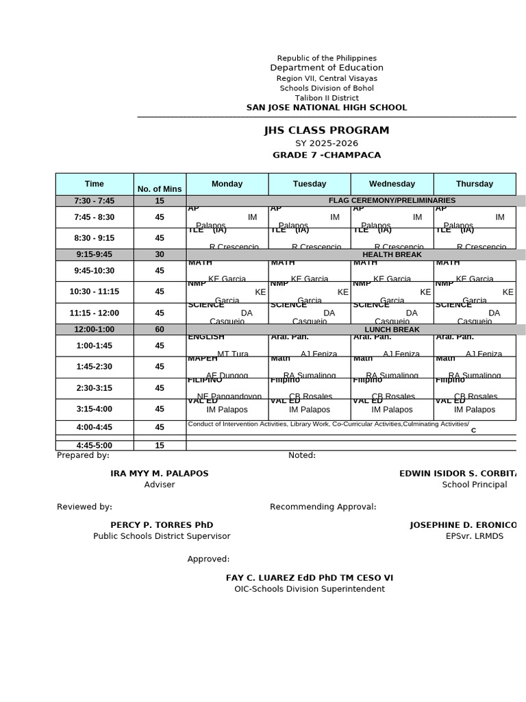 Class Program 2024 2025 Jhs Regular | PDF
