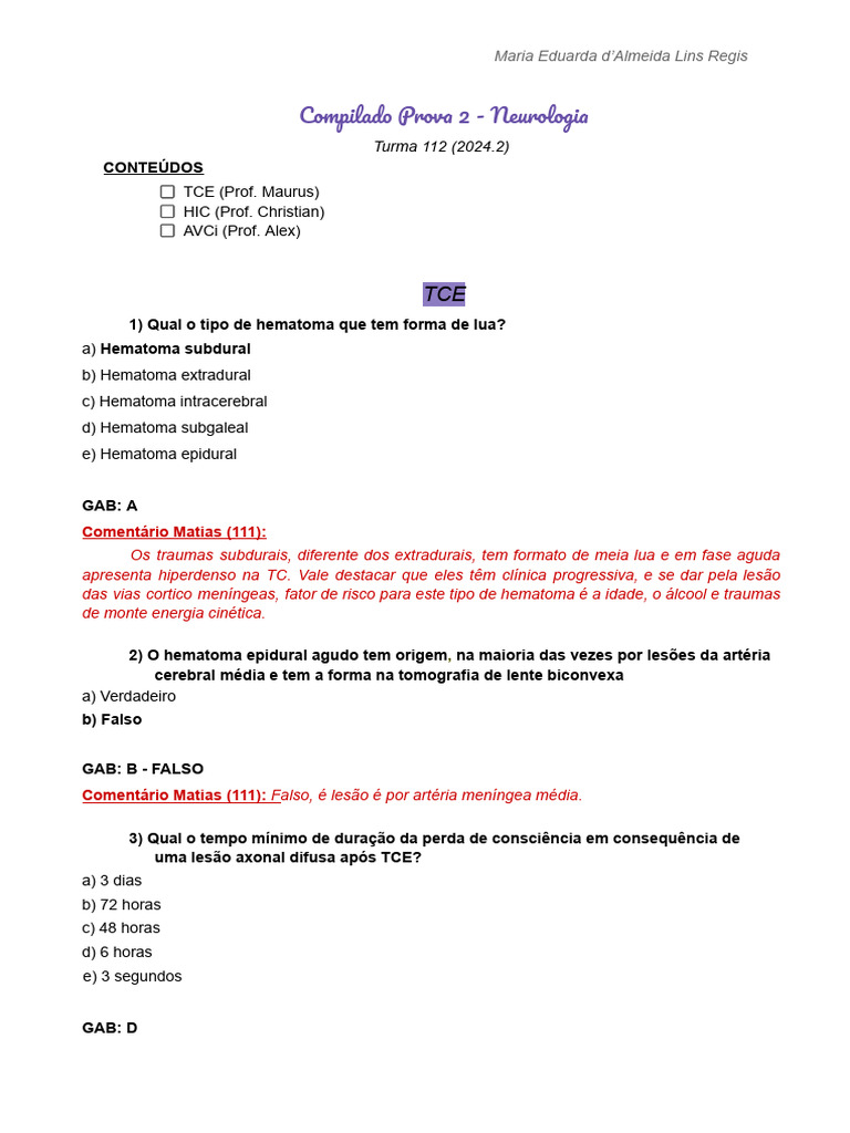 Compilado Prova 2 - Neurologia (Gabarito) | PDF | AVC | Hipertensão