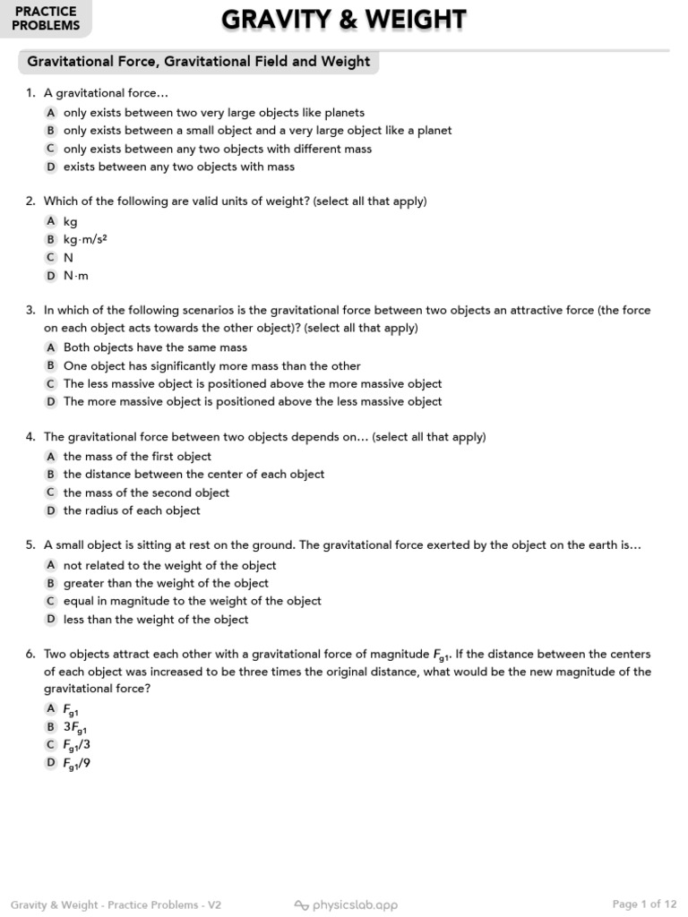 Gravity & Weight - Practice Problems | PDF | Force | Weight