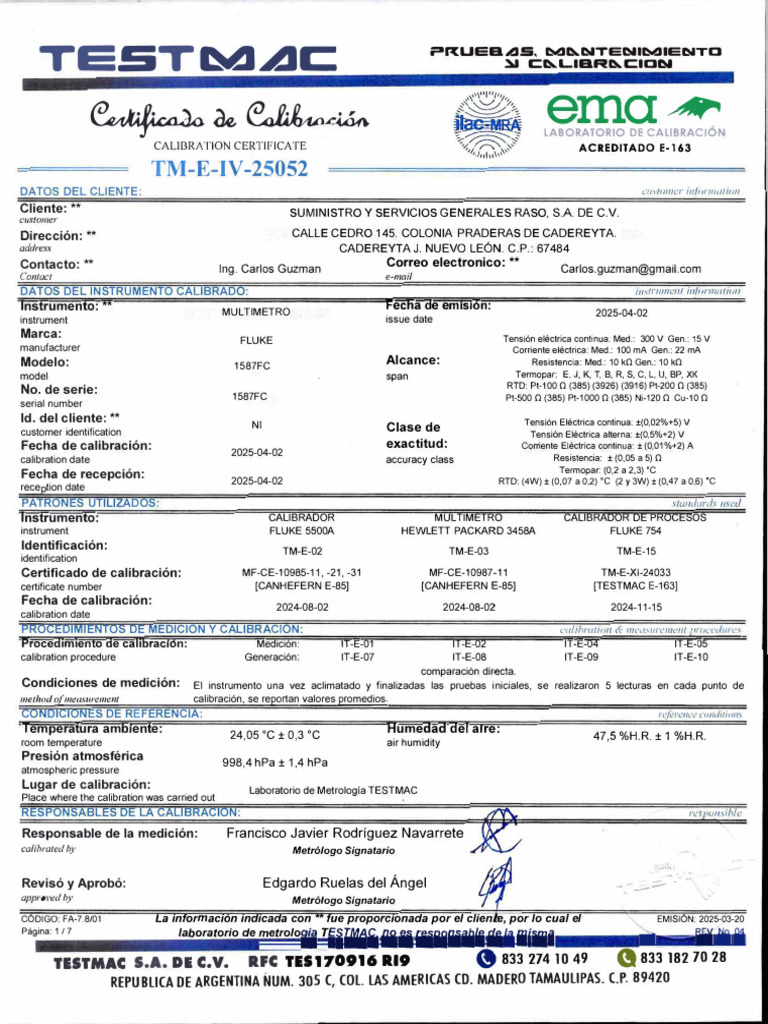 Certificado de Calibración MULTIMETRO RASI | PDF | Exactitud y ...