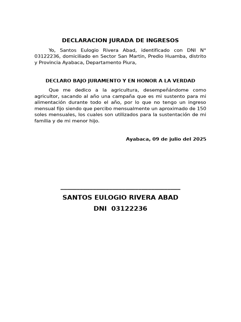 Declaracion Jurada de Ingresos | PDF