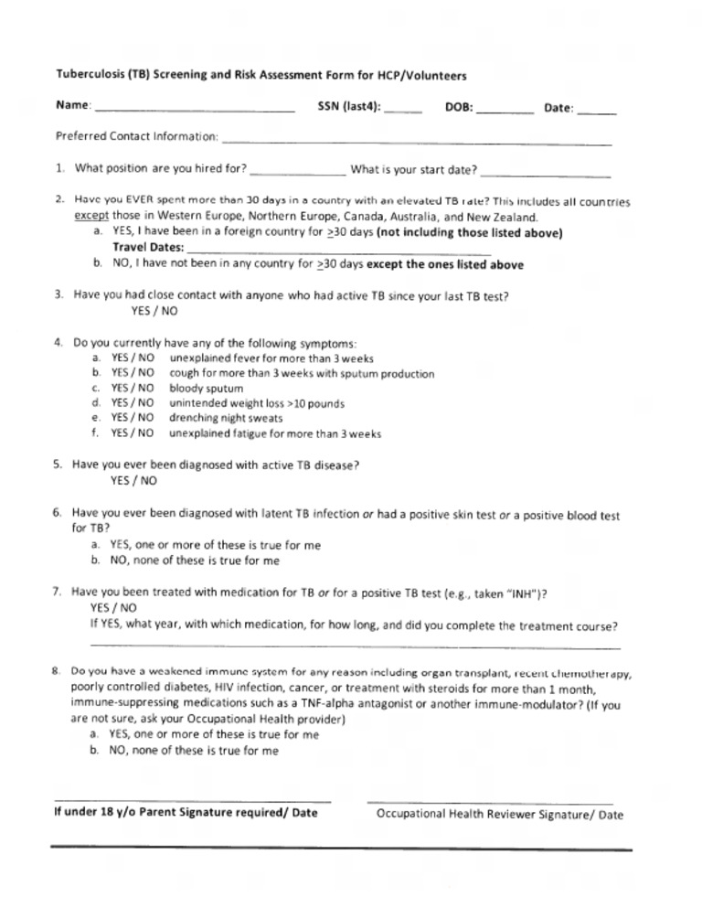 TB Screening and Risk Assessment Form | PDF | Tuberculosis | Diseases ...
