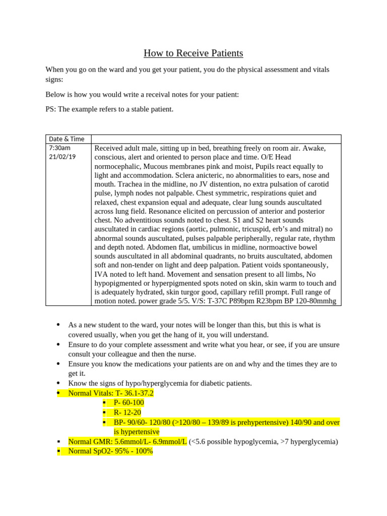 Patient Assessment and Receival Notes Guide | PDF | Pulse | Heart