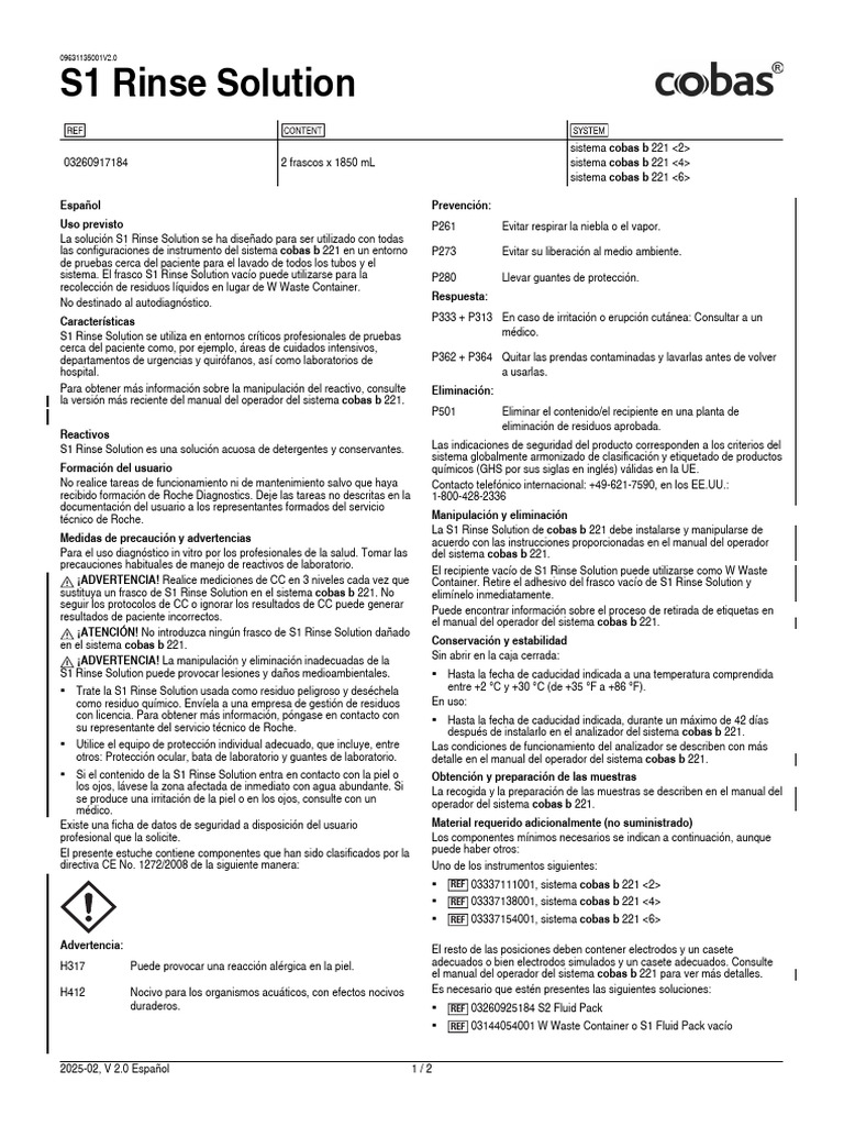Solución S1 Rinse para cobas b 221 | PDF | Laboratorios