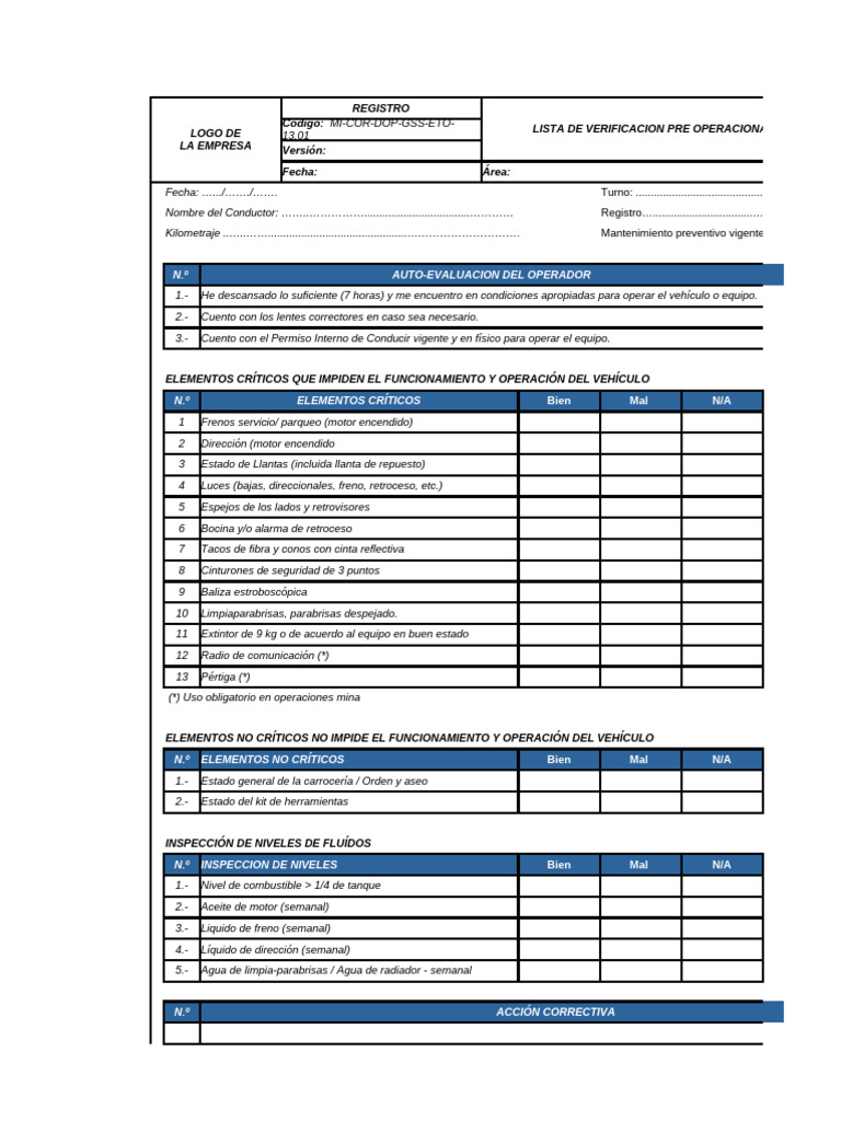 Checklist DOP para Registro Preoperacional | PDF | Tecnología de vehículos | Vehículo de motor