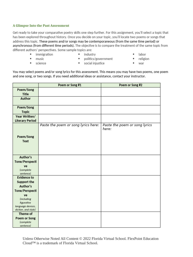 A Glimpse Into The Past Assess Rubric | PDF | Poetry | Writing