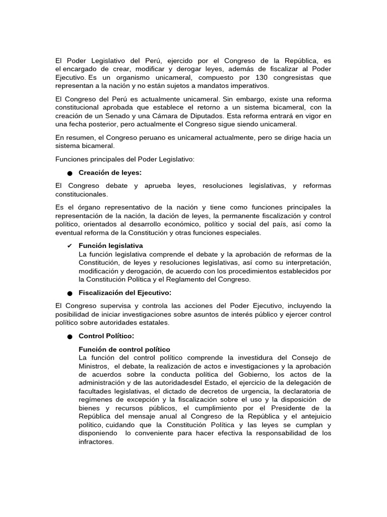 El Poder Legislativo Del Perú | PDF | Legislatura | Ejecutivo (gobierno)